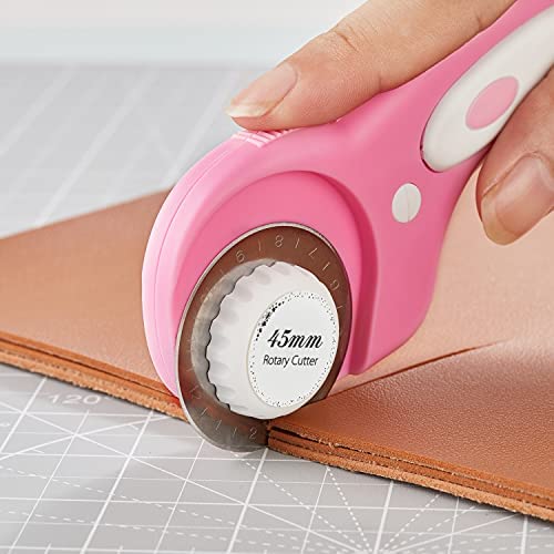 45mm Rotary Cutter with 5pcs Extra Blades, Ergonomic Handle Rolling Cutter with Safety Lock for Fabric, Leather, Crafting, Sewing, Quilting, Fabric Rotary Cutter Perfect for Left & Right Hand(Pink)