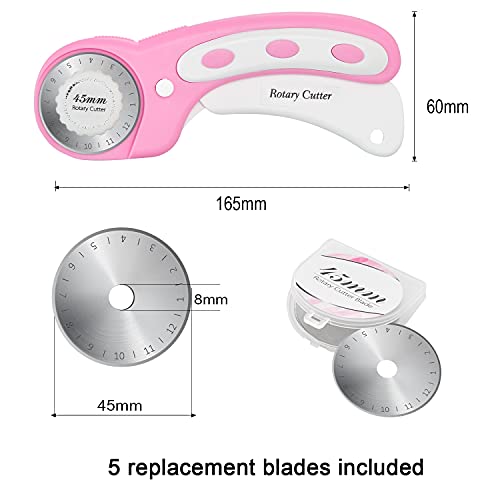 45mm Rotary Cutter with 5pcs Extra Blades, Ergonomic Handle Rolling Cutter with Safety Lock for Fabric, Leather, Crafting, Sewing, Quilting, Fabric Rotary Cutter Perfect for Left & Right Hand(Pink)