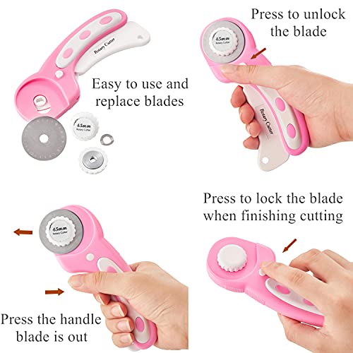 45mm Rotary Cutter with 5pcs Extra Blades, Ergonomic Handle Rolling Cutter with Safety Lock for Fabric, Leather, Crafting, Sewing, Quilting, Fabric Rotary Cutter Perfect for Left & Right Hand(Pink)