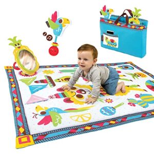 yookidoo fiesta baby tummy time mat. folds as carrying bag. indoor & outdoor activity play gym with mirror, rattle & teether. extra large washable newborn blanket (145 x 100cm)