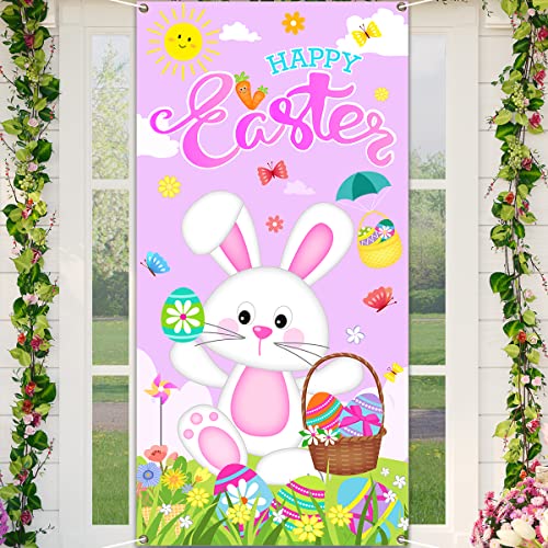 Happy Easter Door Cover - Easter Rabbit Door Cover Decoration Outdoor Courtyard Flag Welcome Spring Banner For Spring Easter Holiday Party Decoration - Pink