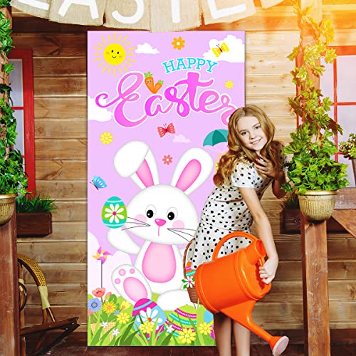 Happy Easter Door Cover - Easter Rabbit Door Cover Decoration Outdoor Courtyard Flag Welcome Spring Banner For Spring Easter Holiday Party Decoration - Pink