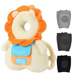 baby head protector & baby knee pads for crawling, toddlers head safety pad cushion adjustable backpack, baby back protection for walking & crawling, for age 5-24months, cute lion