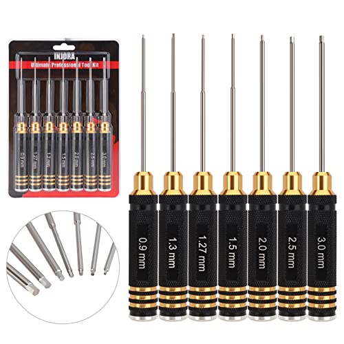 INJORA 7 PCs RC Hex Screw Driver Set, RC Repair Tools Kit, Allen Wrenches Sets, 0.9, 1.27, 1.3, 1.5, 2.0, 2.5, 3.0mm Hexagon Head Screwdriver Wrenches for RC Model Car Drone Boat Helicopter