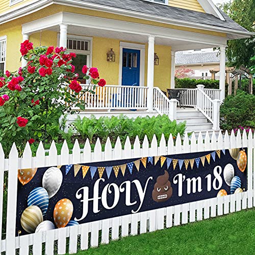 Blue White Large Holy Shit I'm 18 Banner Backdrop,Fun 18th Birthday Banner For Boy Or Girl,Cheer To 18 Years Old Party Decorations Supplies Lawn Sign Yard Sign Porch Sign Outdoor Backdrop 9.8x1.6 Feet