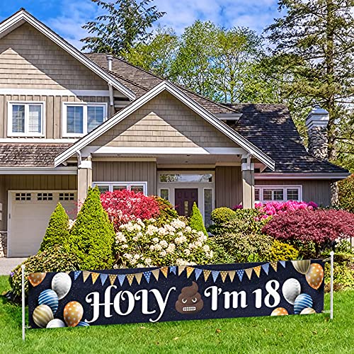 Blue White Large Holy Shit I'm 18 Banner Backdrop,Fun 18th Birthday Banner For Boy Or Girl,Cheer To 18 Years Old Party Decorations Supplies Lawn Sign Yard Sign Porch Sign Outdoor Backdrop 9.8x1.6 Feet