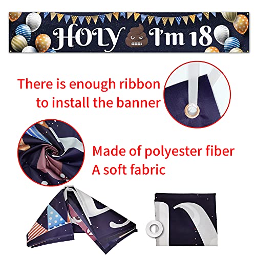 Blue White Large Holy Shit I'm 18 Banner Backdrop,Fun 18th Birthday Banner For Boy Or Girl,Cheer To 18 Years Old Party Decorations Supplies Lawn Sign Yard Sign Porch Sign Outdoor Backdrop 9.8x1.6 Feet