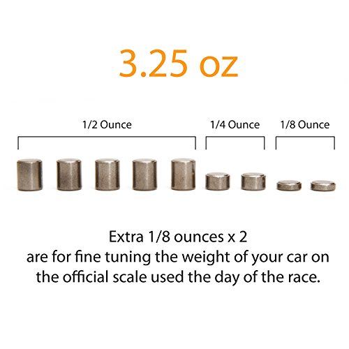 Pinewood Car Derby Weights Tungsten 3.25oz. Pine Race Car Power with Varied Sizes of Incremental Cylinders. Heavy with No Lead. by Dr. Rocket