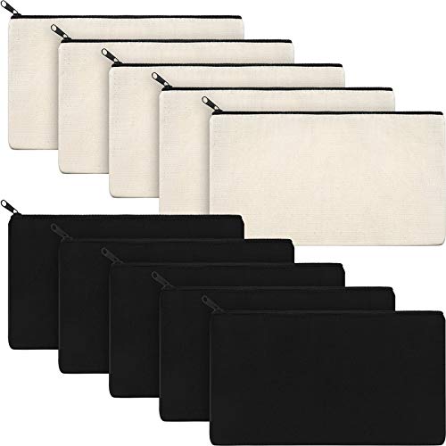 Canvas Makeup Bags Canvas Zipper Pouch Bags Pencil Case Blank DIY Craft Bags Cosmetic Pouch for Travel DIY Craft School (Black and White, 10 Pieces)