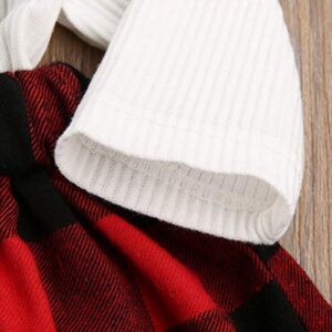 Newborn Baby Girl Suspender Skirt Outfit Set Christmas Ruffle Long Sleeve Plaid Shirts and Overall Skirts+Headband (Red , 0-3Months )