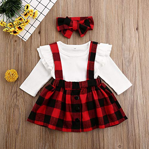 Newborn Baby Girl Suspender Skirt Outfit Set Christmas Ruffle Long Sleeve Plaid Shirts and Overall Skirts+Headband (Red , 0-3Months )