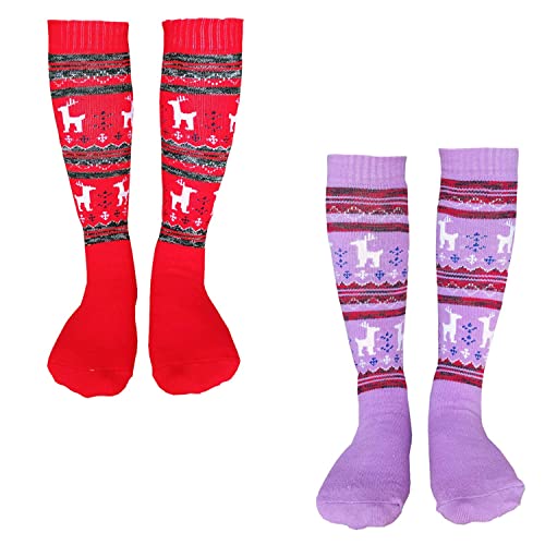 KALAKIDS Toddler Ski Socks Elk Pattern Warm Snowboard Winter Sports Socks 2 Pairs (Red + Purple) XS