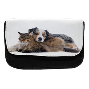 lunarable australian shepherd pencil case, animals resting, fabric pen pencil bag with double zipper, 8.5″ x 5.5″, multicolor