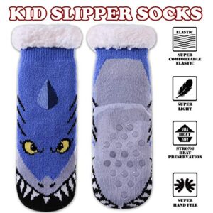 FNOVCO Kids Fuzzy Slipper Socks Toddler Boys Girls Soft Thick Cozy Fluffy Grips Socks Warm Fleece Lined Winter Indoor Non Slip Socks (8-12 Years, Blue Shark)