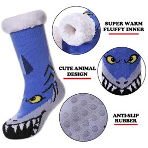 FNOVCO Kids Fuzzy Slipper Socks Toddler Boys Girls Soft Thick Cozy Fluffy Grips Socks Warm Fleece Lined Winter Indoor Non Slip Socks (8-12 Years, Blue Shark)