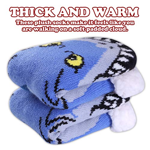 FNOVCO Kids Fuzzy Slipper Socks Toddler Boys Girls Soft Thick Cozy Fluffy Grips Socks Warm Fleece Lined Winter Indoor Non Slip Socks (8-12 Years, Blue Shark)