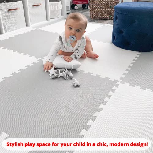 Baby Play Mat Tiles Extra Large Thick Non-Toxic Foam Floor Puzzle Mat Interlocking Activity Playmat for Infants Toddlers Kids Crawling Tummy Time 74x74 Inches (Grey/White)