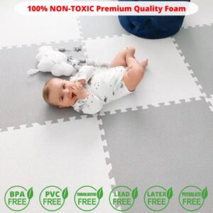 Baby Play Mat Tiles Extra Large Thick Non-Toxic Foam Floor Puzzle Mat Interlocking Activity Playmat for Infants Toddlers Kids Crawling Tummy Time 74x74 Inches (Grey/White)