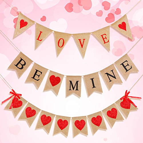 Valentine's Day Burlap Banner Set, Love And Be Mine Banners, Red Glitter Heart Banner Garland, Wedding Banner Set, Rustic Valentines Decor For Wedding Anniversary Engagement Party Decorations Supplies