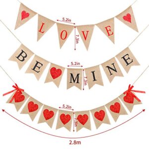 Valentine's Day Burlap Banner Set, Love And Be Mine Banners, Red Glitter Heart Banner Garland, Wedding Banner Set, Rustic Valentines Decor For Wedding Anniversary Engagement Party Decorations Supplies