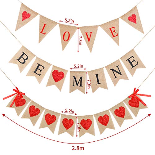 Valentine's Day Burlap Banner Set, Love And Be Mine Banners, Red Glitter Heart Banner Garland, Wedding Banner Set, Rustic Valentines Decor For Wedding Anniversary Engagement Party Decorations Supplies