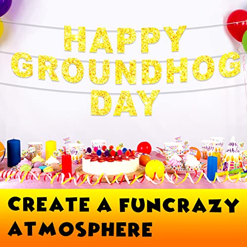 Happy Groundhog Day Banner Cute Animals Glitter Golden Theme Decor Decorations for Season Forecast 1st Birthday Party Spring February 2nd Holidays Festival Groundhog Day Supplies Favors Background