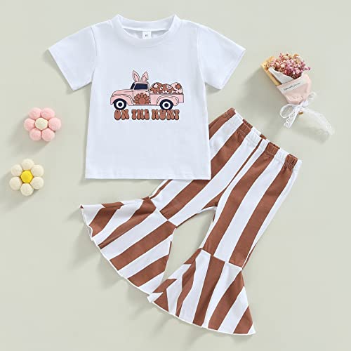 woshilaocai Toddler Baby Girl Short Sleeve Shirts Tops Flared Long Pants Set Kids Animal Letter 2Pcs Festival Outfits Clothes (Easter Egg Striped,18-24 Months)