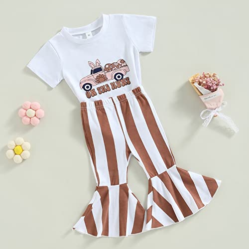 woshilaocai Toddler Baby Girl Short Sleeve Shirts Tops Flared Long Pants Set Kids Animal Letter 2Pcs Festival Outfits Clothes (Easter Egg Striped,18-24 Months)