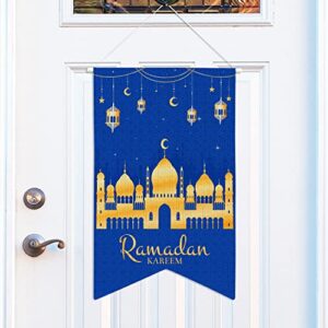 cnhoqc ramadan kareem hanging banner welcome door sign eid al-fitr moon stars and lamps double-sided decorative flag islamic mubarak banner for indoor outdoor eid mubarak party supplies