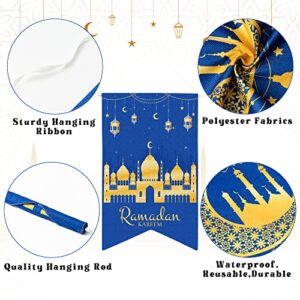 CNhoqc Ramadan Kareem Hanging Banner Welcome Door Sign Eid al-Fitr Moon Stars and Lamps Double-Sided Decorative Flag Islamic Mubarak Banner for Indoor Outdoor Eid Mubarak Party Supplies