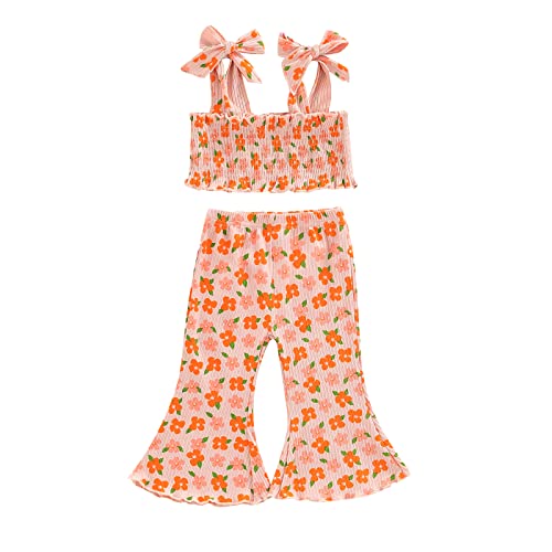 Toddler Baby Girl 2Pcs Outifts Kids Floral Sleeveless Strap Vest Tops High Waist Flared Pants Bell Bottoms Clothes (Flower Pink,2-3T)