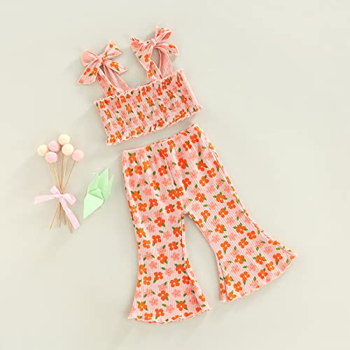 Toddler Baby Girl 2Pcs Outifts Kids Floral Sleeveless Strap Vest Tops High Waist Flared Pants Bell Bottoms Clothes (Flower Pink,2-3T)