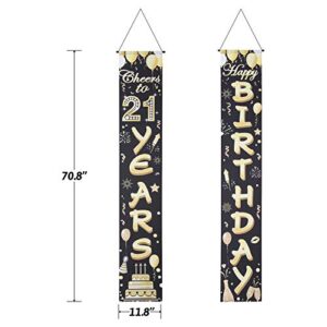 Happy Birthday Banner 21st Birthday Decorations Banners Cheers to 21 Years Birthday Party Supplies Black Gold Welcome Porch Sign for Men, Him, Indoor, Outdoor Party Decor