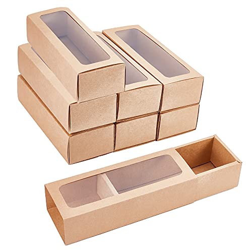 NBEADS 8 Pcs Kraft Paper Drawer Boxes, BurlyWood Festival Storage Box Kraft Paper Packaging Macaron Boxes with Clear Window Display for Jewelry Candy