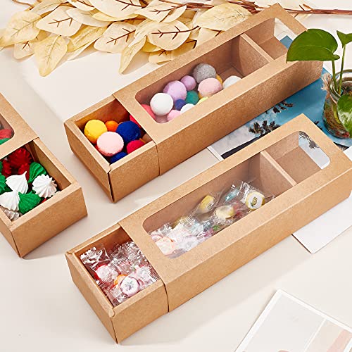 NBEADS 8 Pcs Kraft Paper Drawer Boxes, BurlyWood Festival Storage Box Kraft Paper Packaging Macaron Boxes with Clear Window Display for Jewelry Candy