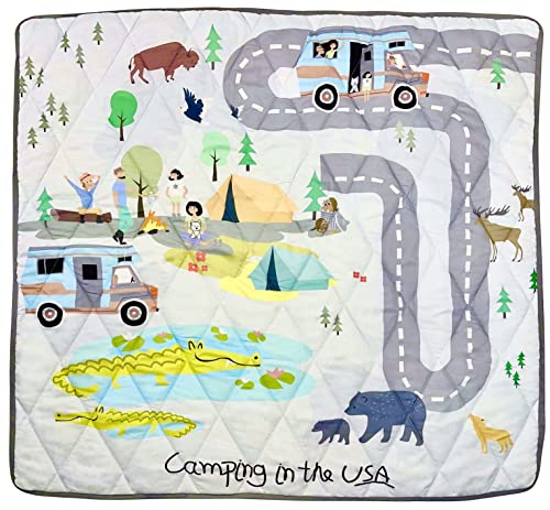 Baby Play Mat, Washable Play Mat for Baby 43"x43", Foldable Kids Tents Mat, Baby Play Gym Mat, Play Tent Mat for Toddler, Baby Tummy Time Mat, Non-Slip (Camping in The USA)