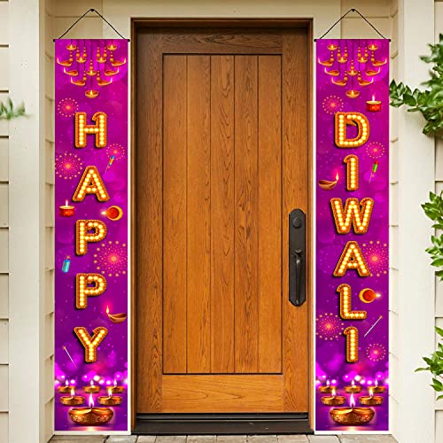 Happy Diwali Hanging Banner Porch Sign Front Door Decorations - Festival of Lights Deepavali Decorations Party Banner