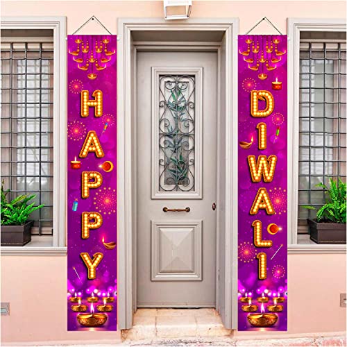 Happy Diwali Hanging Banner Porch Sign Front Door Decorations - Festival of Lights Deepavali Decorations Party Banner