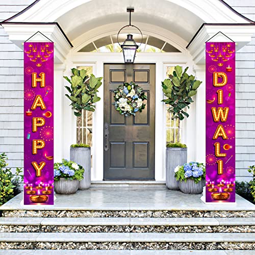 Happy Diwali Hanging Banner Porch Sign Front Door Decorations - Festival of Lights Deepavali Decorations Party Banner