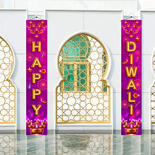 Happy Diwali Hanging Banner Porch Sign Front Door Decorations - Festival of Lights Deepavali Decorations Party Banner