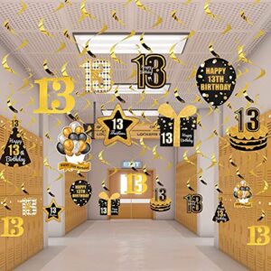 kauayurk 30pcs happy 13th birthday hanging swirl decorations for women & men – gold happy 13 birthday party swirl ceiling supplies – happy thirteen birthday hanging favors decor sign