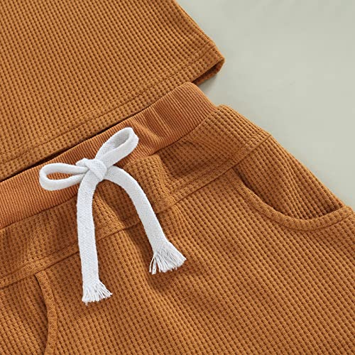 Newborn Baby Boy Girl Summer Outfits Solid Ribbed Knit Cotton Short Sleeve T-Shirt Top+Drawstring Shorts Clothes (Knit Set Caramel, 2-3 Years)