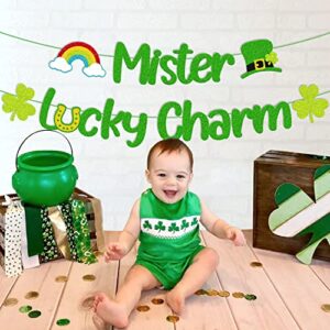 Mister Lucky Charm Banner St. Patrick Day Decoration for Boys Glitter Green Three Leaf Clover Shamrock Garland for Irish Day Party Decor Lucky Themed Men Boys Birthday Baby Shower Party Anniversary Celebration Supplies