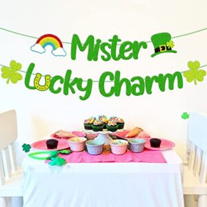 Mister Lucky Charm Banner St. Patrick Day Decoration for Boys Glitter Green Three Leaf Clover Shamrock Garland for Irish Day Party Decor Lucky Themed Men Boys Birthday Baby Shower Party Anniversary Celebration Supplies