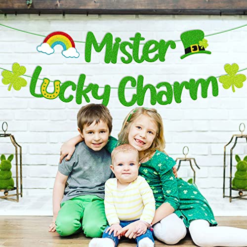 Mister Lucky Charm Banner St. Patrick Day Decoration for Boys Glitter Green Three Leaf Clover Shamrock Garland for Irish Day Party Decor Lucky Themed Men Boys Birthday Baby Shower Party Anniversary Celebration Supplies