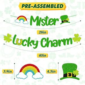 Mister Lucky Charm Banner St. Patrick Day Decoration for Boys Glitter Green Three Leaf Clover Shamrock Garland for Irish Day Party Decor Lucky Themed Men Boys Birthday Baby Shower Party Anniversary Celebration Supplies