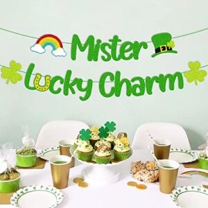 Mister Lucky Charm Banner St. Patrick Day Decoration for Boys Glitter Green Three Leaf Clover Shamrock Garland for Irish Day Party Decor Lucky Themed Men Boys Birthday Baby Shower Party Anniversary Celebration Supplies