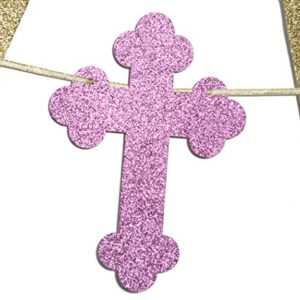 God Bless Banner, Baptism Garland Sign Gold Glitter for First Communion Christening Party Decorations Photo Props