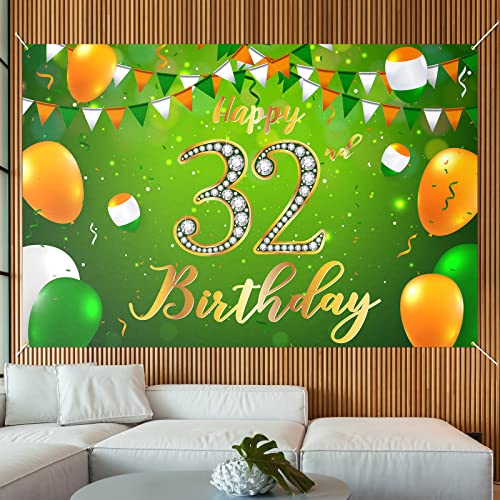 Happy 32nd Birthday Backdrop Banner Decor Green - Glitter Cheers to 32 Years Old Birthday Party Theme Decorations for Men Women Supplies