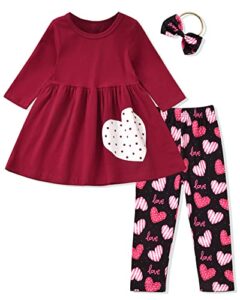 fioukiay girls valentine’s day clothes outfit toddler girl ruffle love heart top with trim legging set (wine heart, 7-8 years)